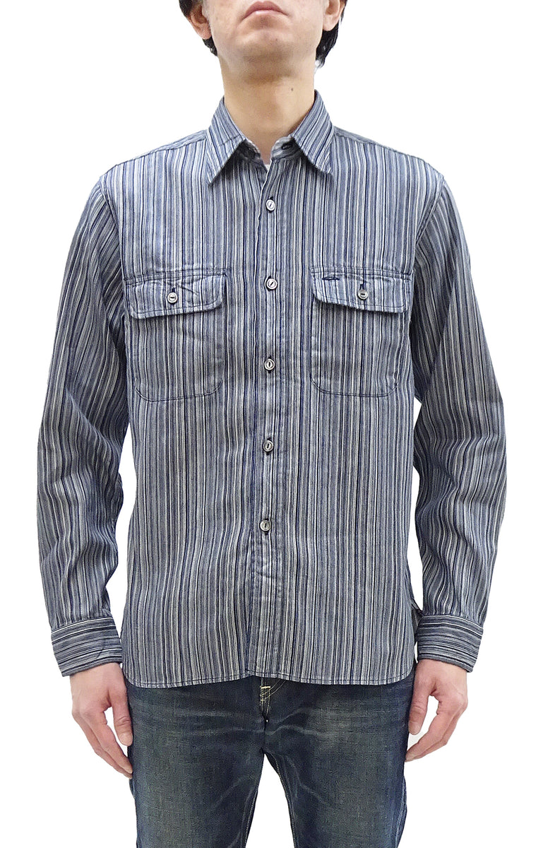 Sugar Cane Indigo Stripe Shirt Men's Japanese Kasuri Style Long Sleeve ...